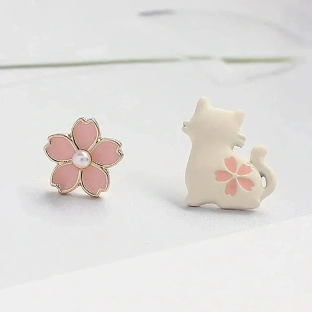 Otaku Ramen | Jewelry | Pink Flower And White Cat Mismatched Stud ...